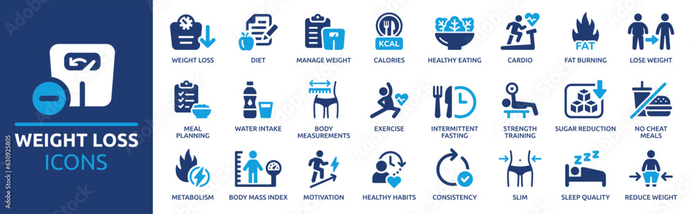 Weight loss icon set. Containing diet, manage weight, calories, healthy ...