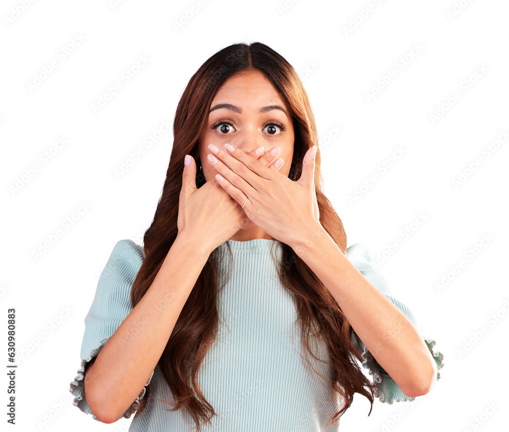 Portrait, surprise or woman shocked by secret story isolated on ...
