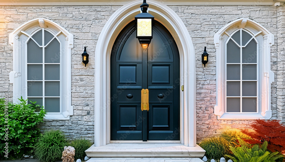 Design an inviting Tudor entryway with a decorative arched door a ...