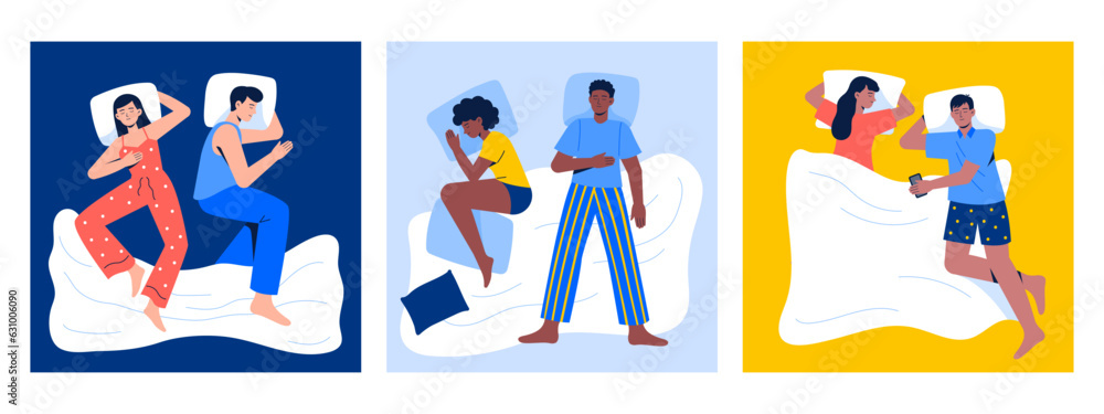 Set with sleeping couples. Women and men sleep together in different ...