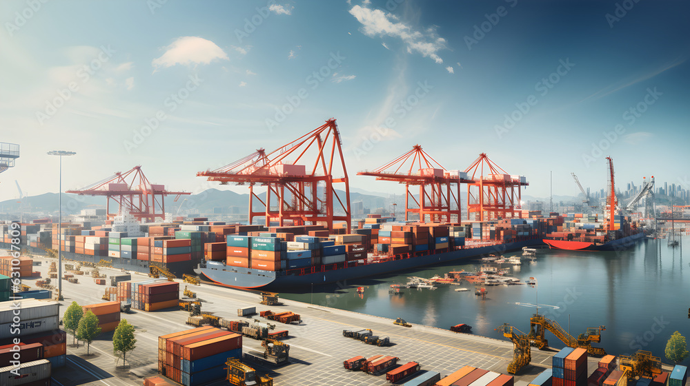 A bustling container port with cranes loading and unloading cargo ships, symbolizing global ...