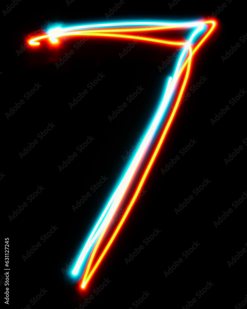 Number 7 of the alphabet made from neon sign. The blue red light image ...