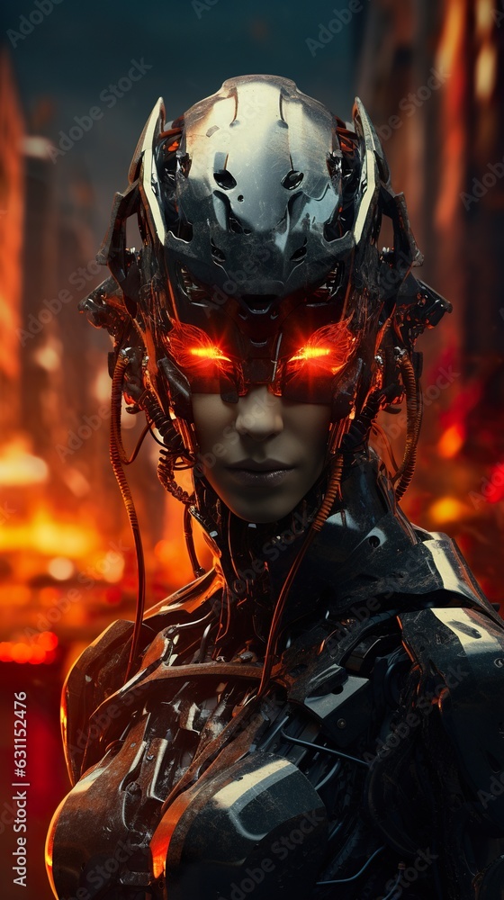 dark futuristic female cyborg with robotic wear goggles and tech look ...