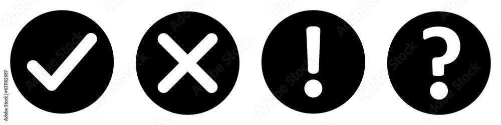 Vector set of flat round check mark, X mark exclamation point and question mark icon. Checkmark ...
