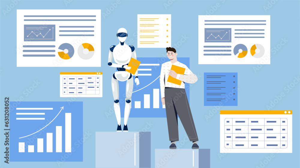Analyzing statistics graphs with ai concept. Man and bot near graphs ...