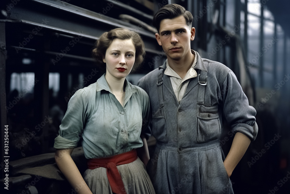 London factory workers from the 1940s pose in their work clothes. Stock ...