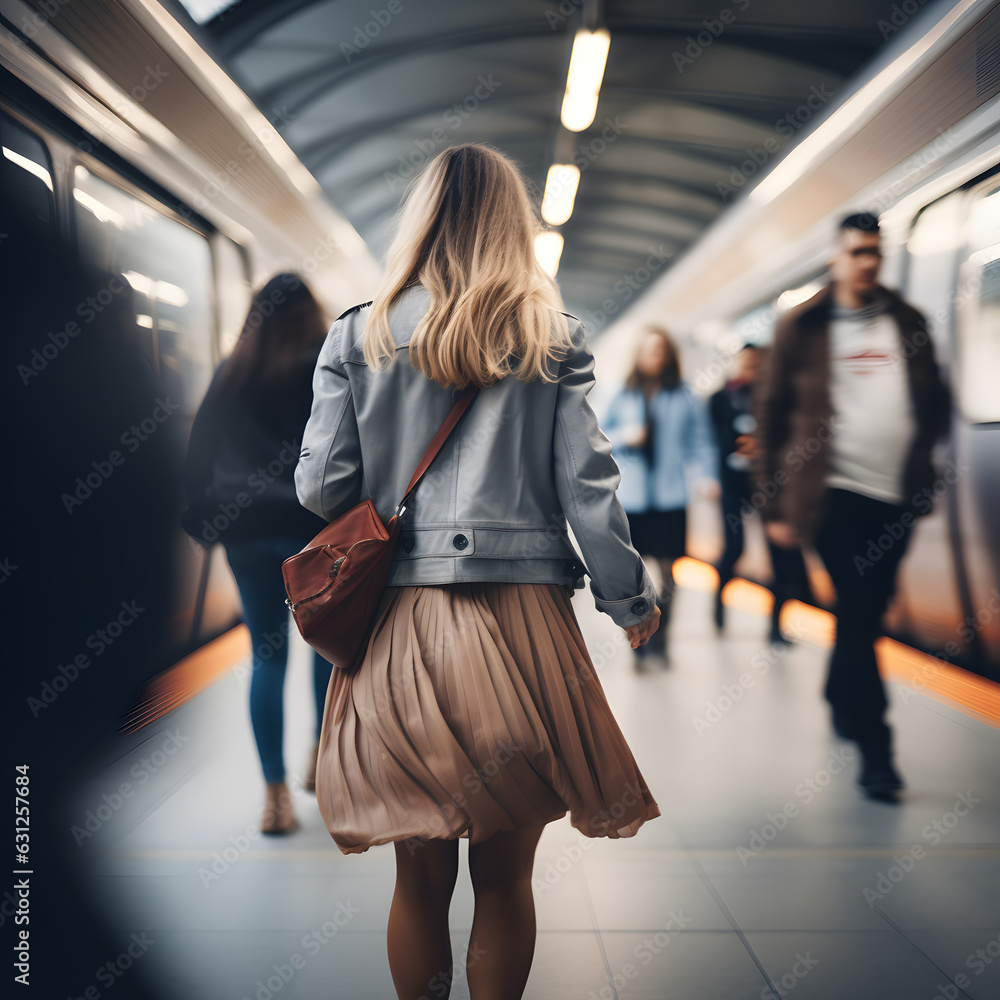 Person in a subway. Woman from behind standing at busy subway with ...