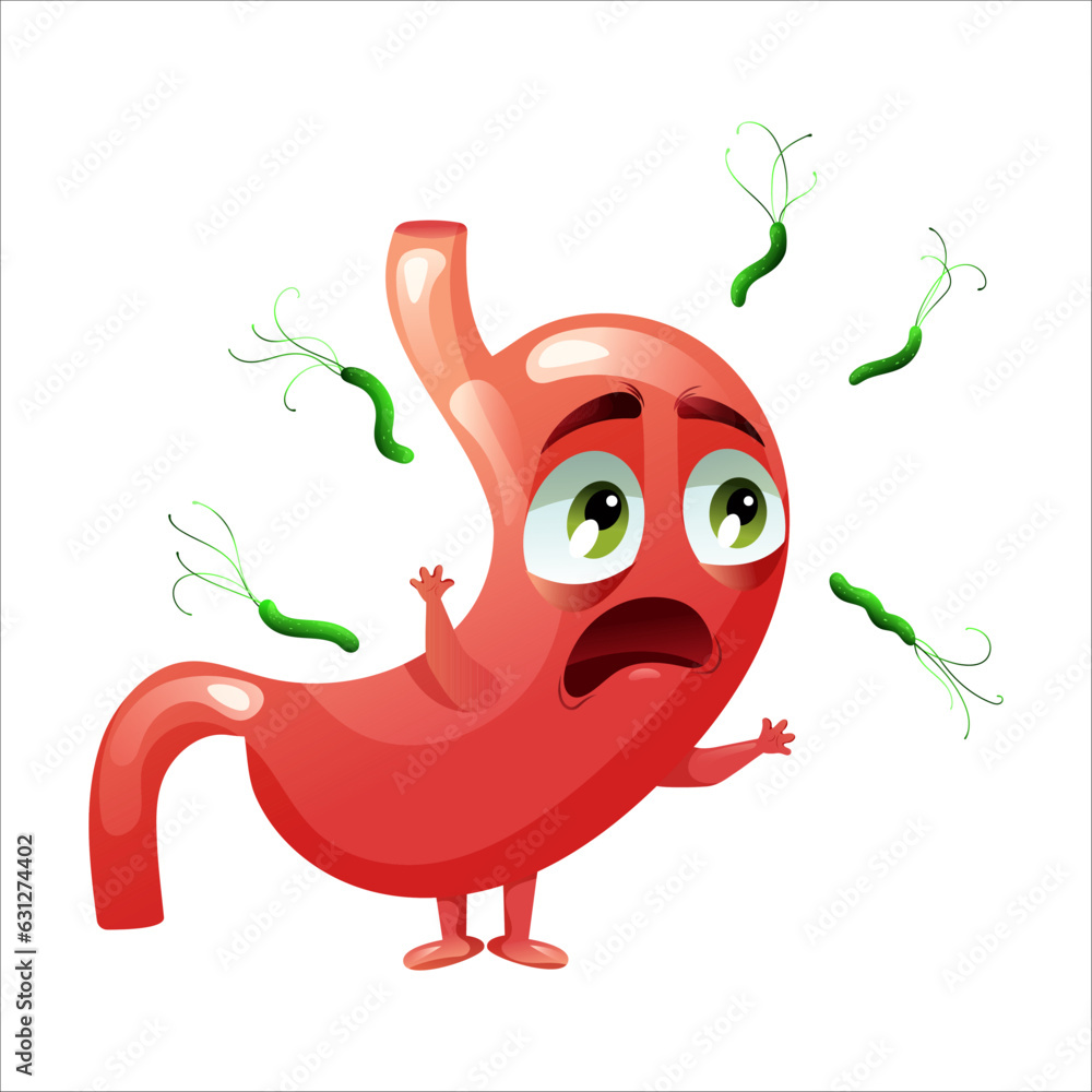 Cartoon character stomach with emotion fear. Concept sick internal organ abdominal cavity ...