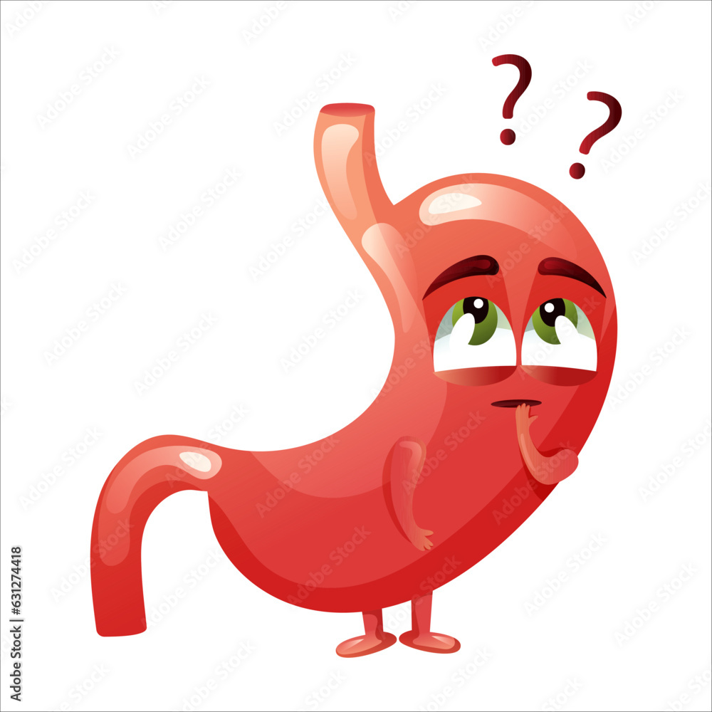 Cartoon stomach character with question mark. Concept choosing healthy ...