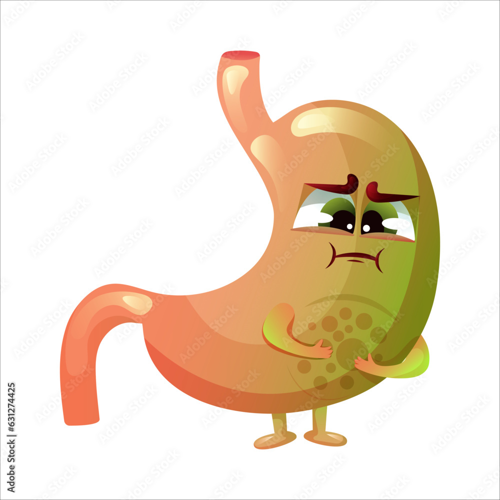 Cartoon stomach character. Concept diseased internal organ abdominal ...