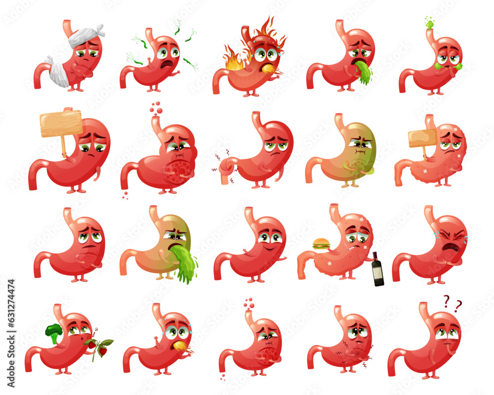 Cute cartoon stomach character with different emotions. Smiling, sad ...