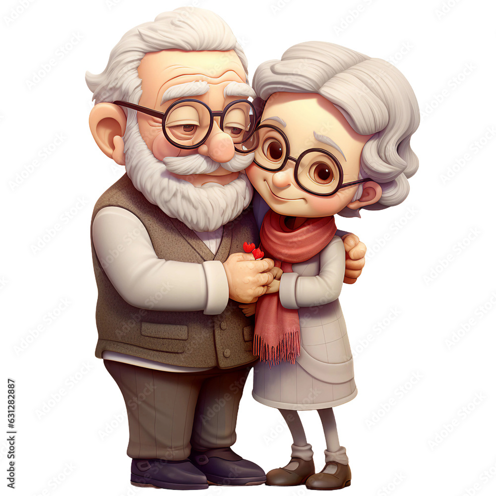 Chibi elderly old couple grandma-grandpa hold together closely stand on ...