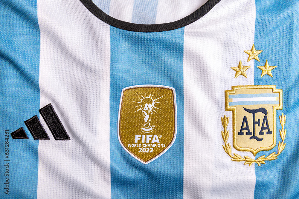 FRONT OF THE ARGENTINE FOOTBALL TEAM SHIRT WITH THE ADIDAS LOGO, THE ...