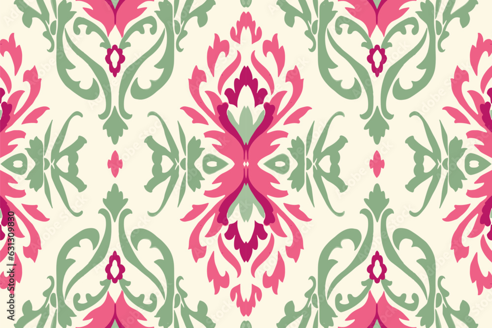 Ikat pattern in pink and green ethnic pattern. Traditional folk antique ...
