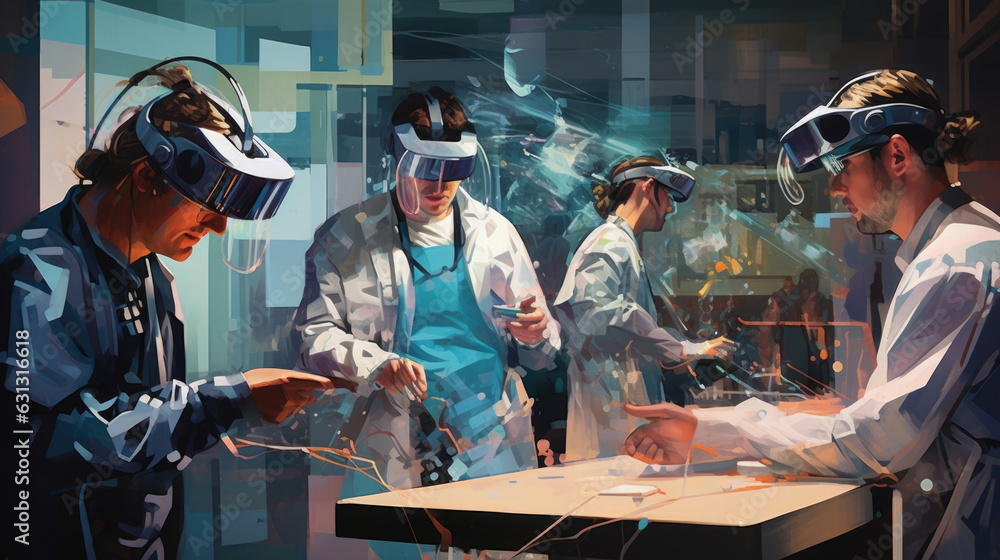 A group of people wearing augmented reality visors and operating ...