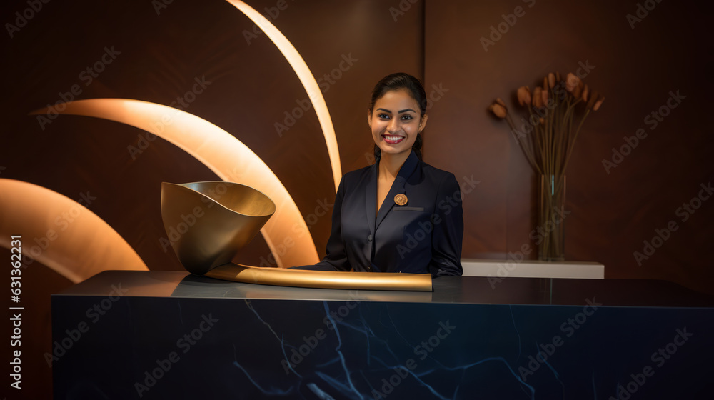 A friendly woman concierge or receptionist standing and smiling at a ...