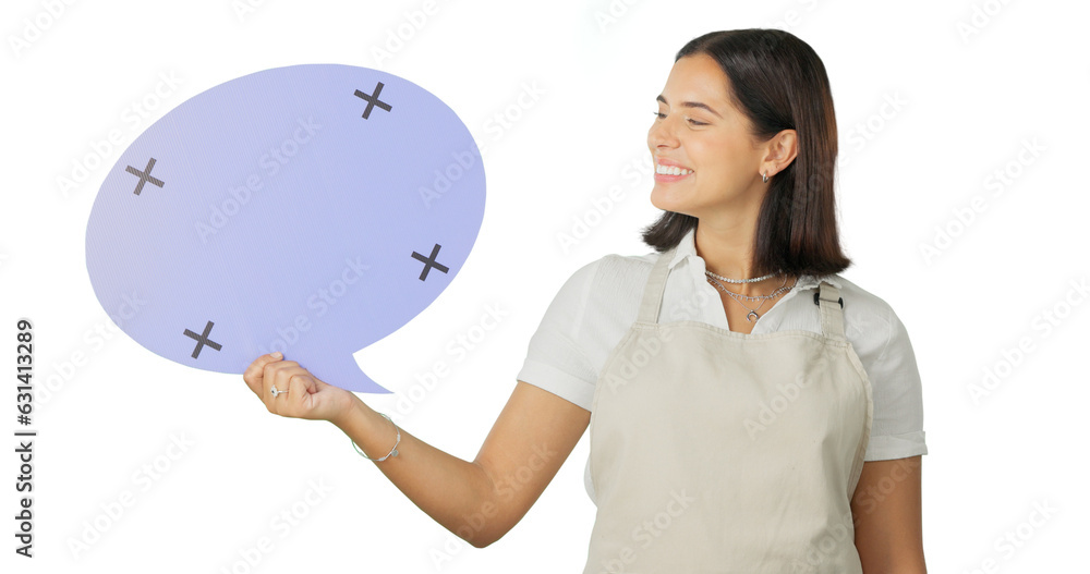 Poster woman, happy barista and speech bubble voice, coffee shop ...