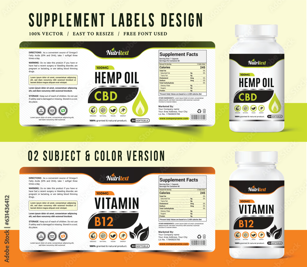 multi vitamin or food supplement sticker bottle jar label design banner ...
