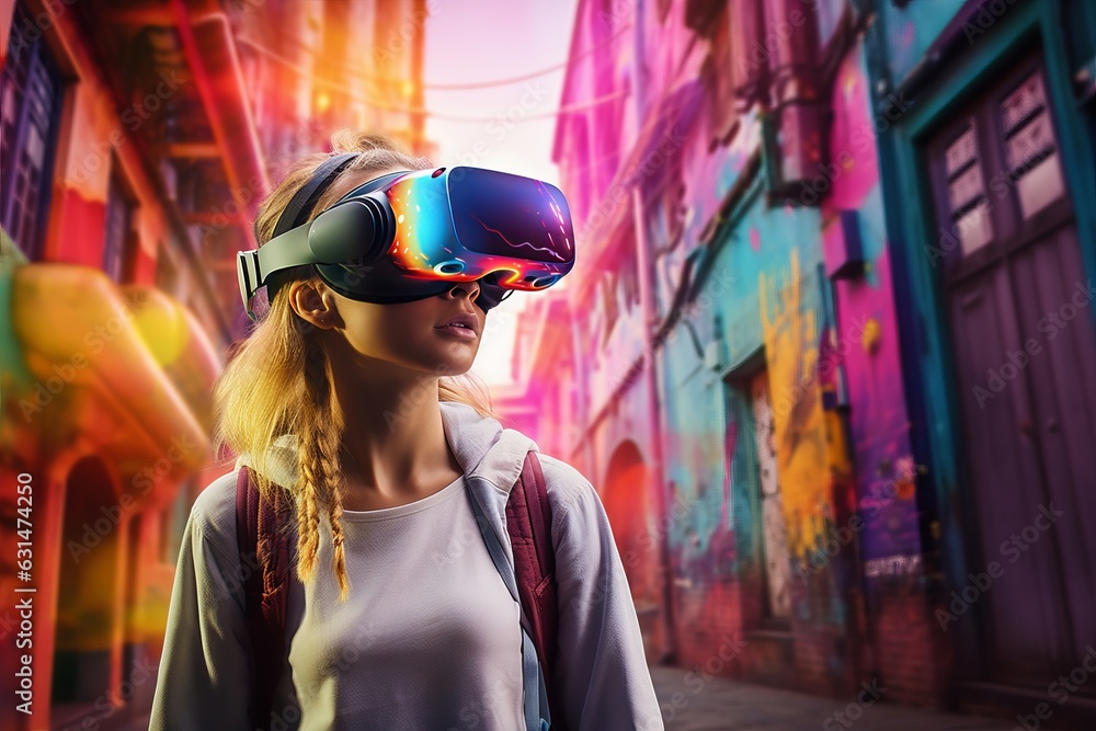 Teenage girl wearing VR glasses. Young female gamer in colorful virtual reality. Concept ...
