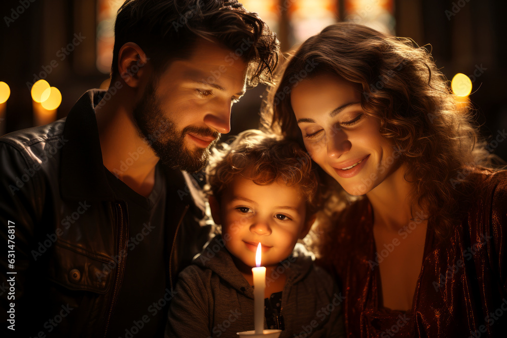 Beautiful Christian family with a child praying over candles in church ...