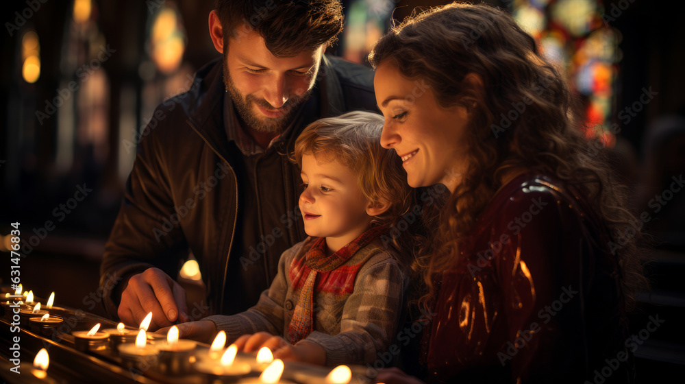 Beautiful Christian family with a child praying over candles in church ...