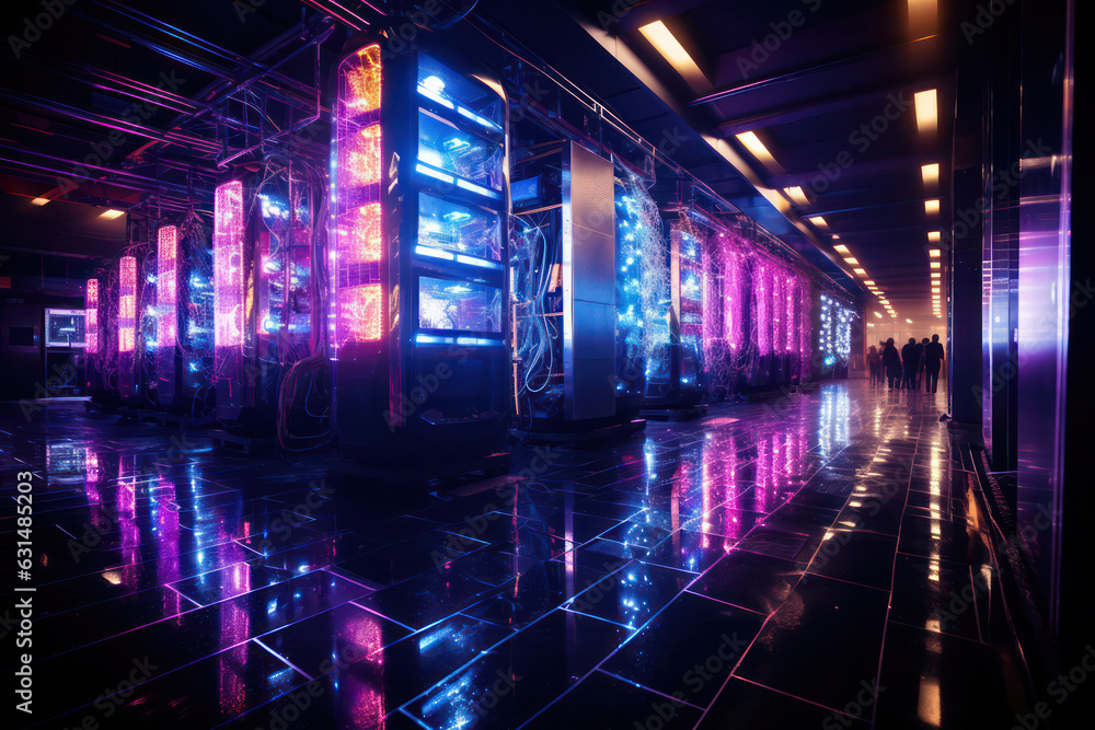 A wide shot of a server farm with rows of racks filled with servers and ...