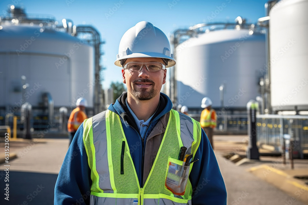 Portrait of engineer man worker at LPG storage plant, LNG liquefied ...