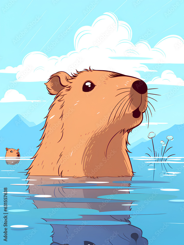 capybara illustration in water, capybara up to his neck in water ...