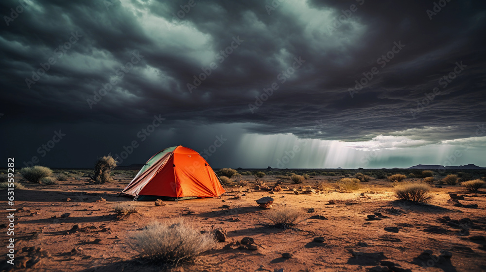 An intense storm over a deserted desert campsite. Tent struggling ...