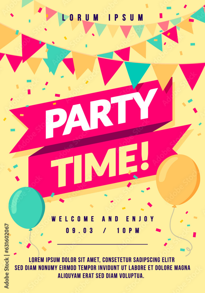 Colorful Party Time Poster With Balloons And Garland Stock Vector ...
