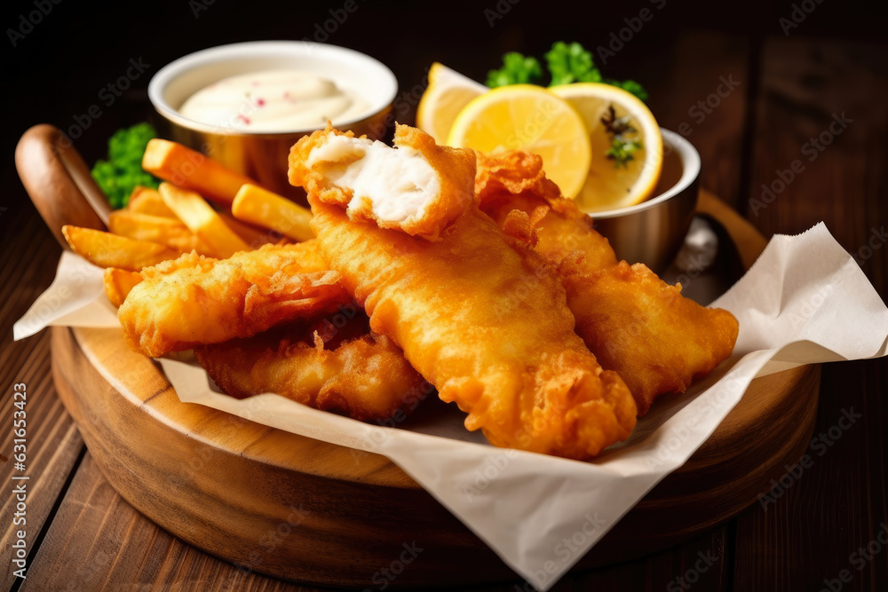 A plate of freshly made fish and chips, topped with a sprinkle of salt ...