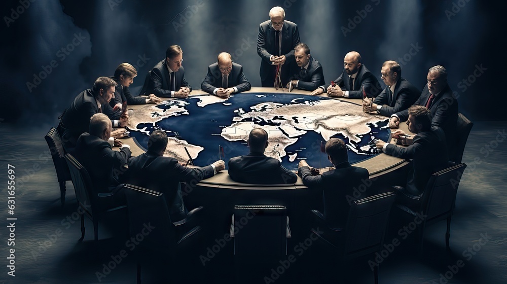 World leaders intensely discussing around a table, with a world map ...