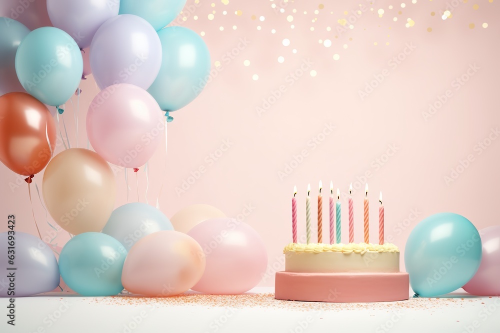 light pastel-colored birthday background with a cake and candles on the ...