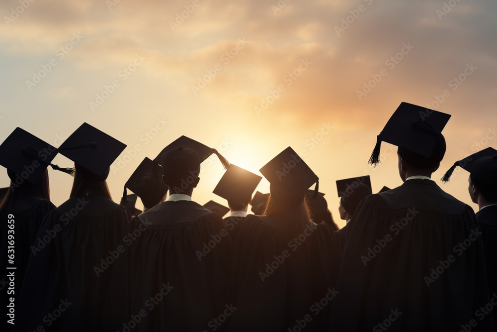 silhouette of Graduates wear a black hat to stand for congratulations ...