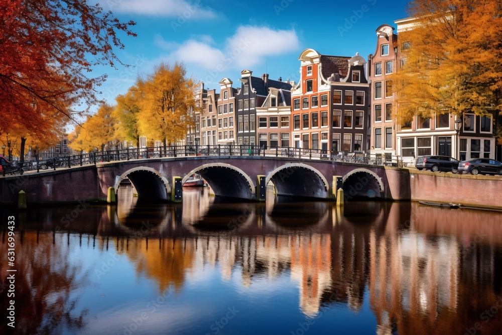 Amsterdam with its gabled houses mirrored in the calm canal, framed by ...