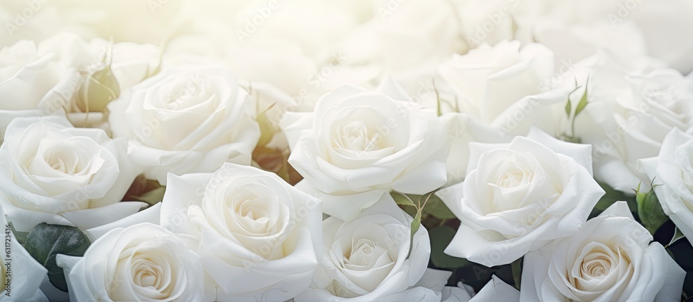 A backdrop of white roses with a soft focus and copy space, perfect for ...