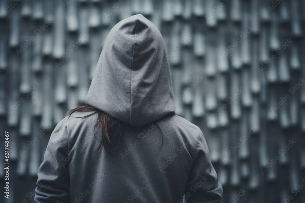 Unrecognizable hooded female person facing concrete wall as ...