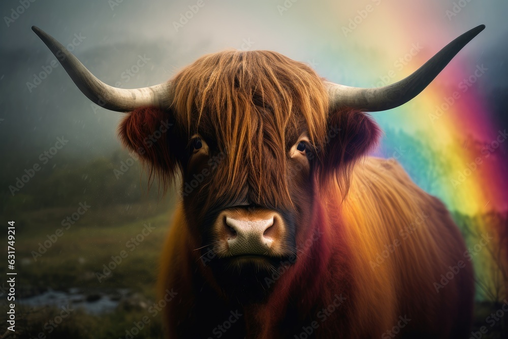 Highland cow rainbow view. Generate Ai Stock Illustration | Adobe Stock