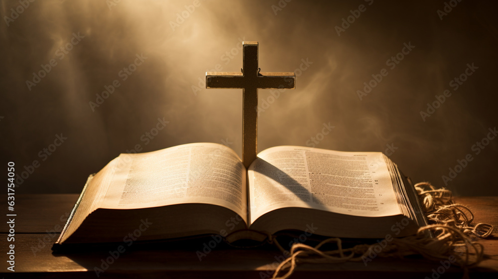 A timeless picture of a Christian cross with an open Bible resting ...