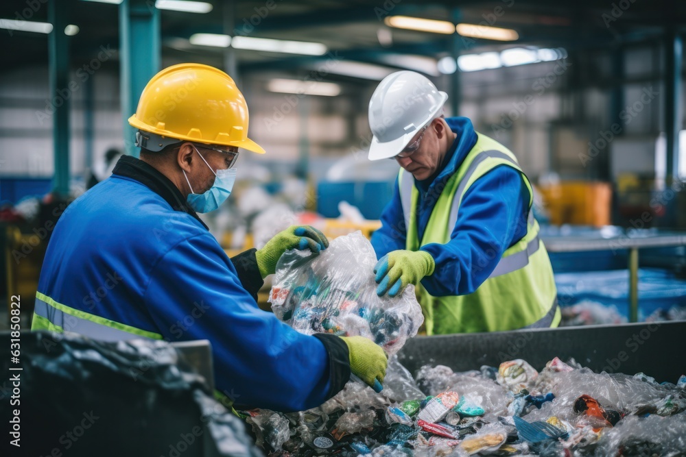 recycling at the plastic recycling plant, with workers sorting plastic ...