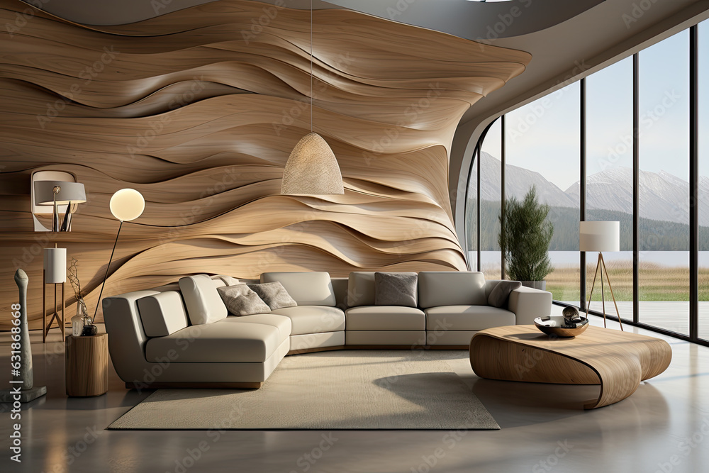 Modern living room interior design with white sofa near wavy wood 3d ...