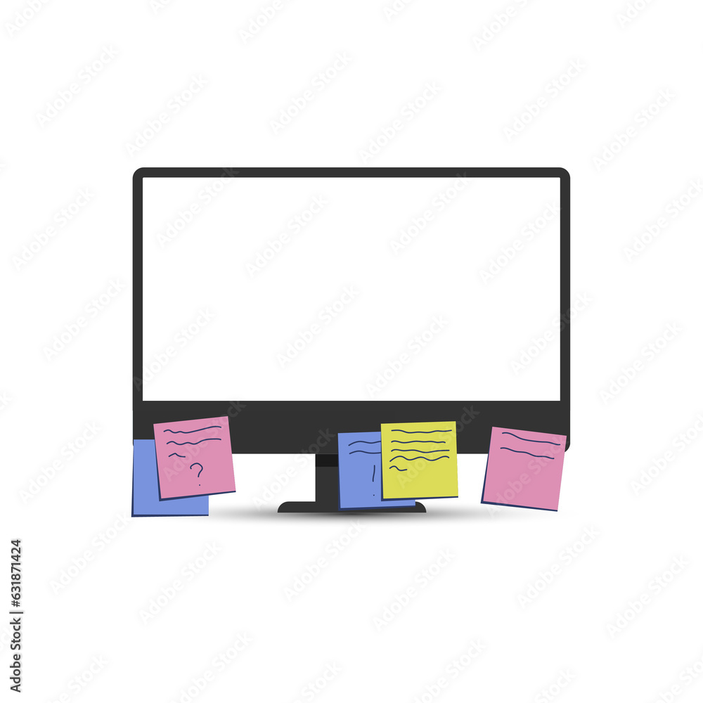 A computer with a blank screen and sticky notes on it. Stock ...