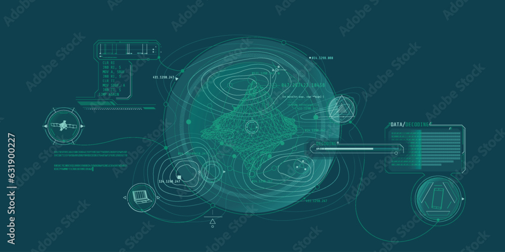 Futuristic geoscience HUD interface design with data decoding. Stock ...