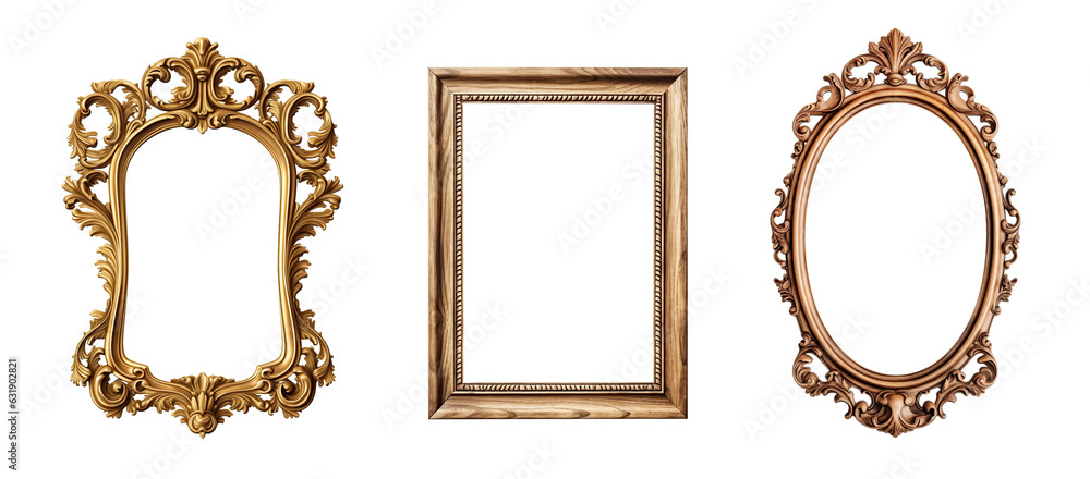 Golden and wooden frames on transparent background. Decorative elegant ...