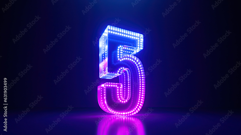 3d rendering, pink blue neon number five, isolated on dark blue ...