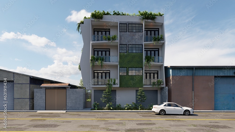 Four-story multi-family building, with concrete, wood and flagstone ...