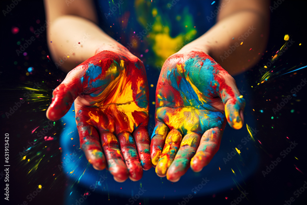 Cute hand-drawn child's hands in multi-colored paints, with iridescent ...