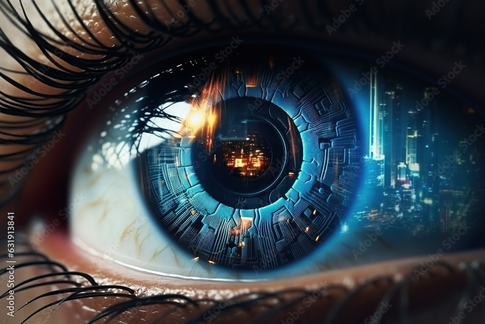 Futuristic female human eye with graphical technology overlay, blue sci ...