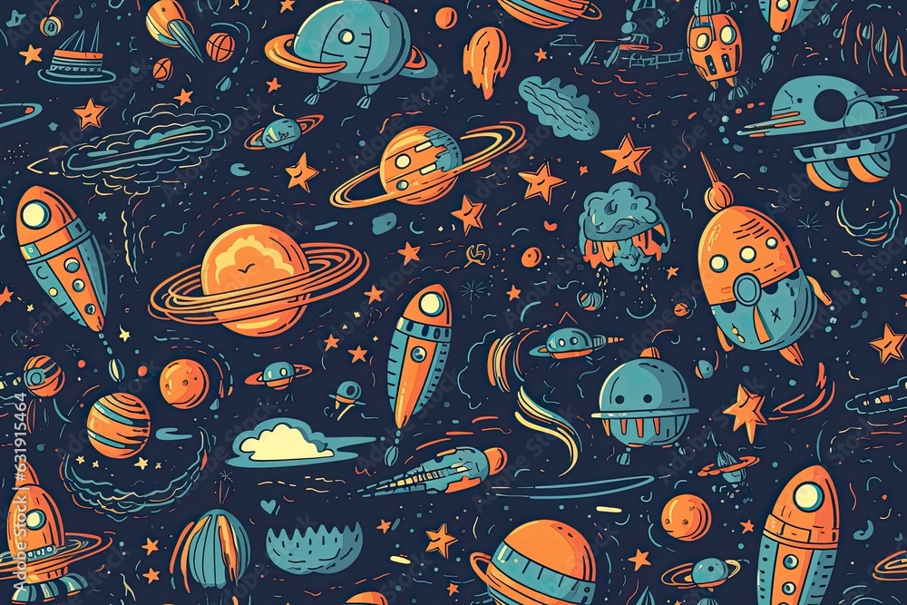 Hand-drawn space-related design components. Background in space. Space ...