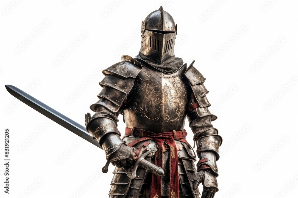 a closeup photo image of a medieval knight in a golden and steel armour ...